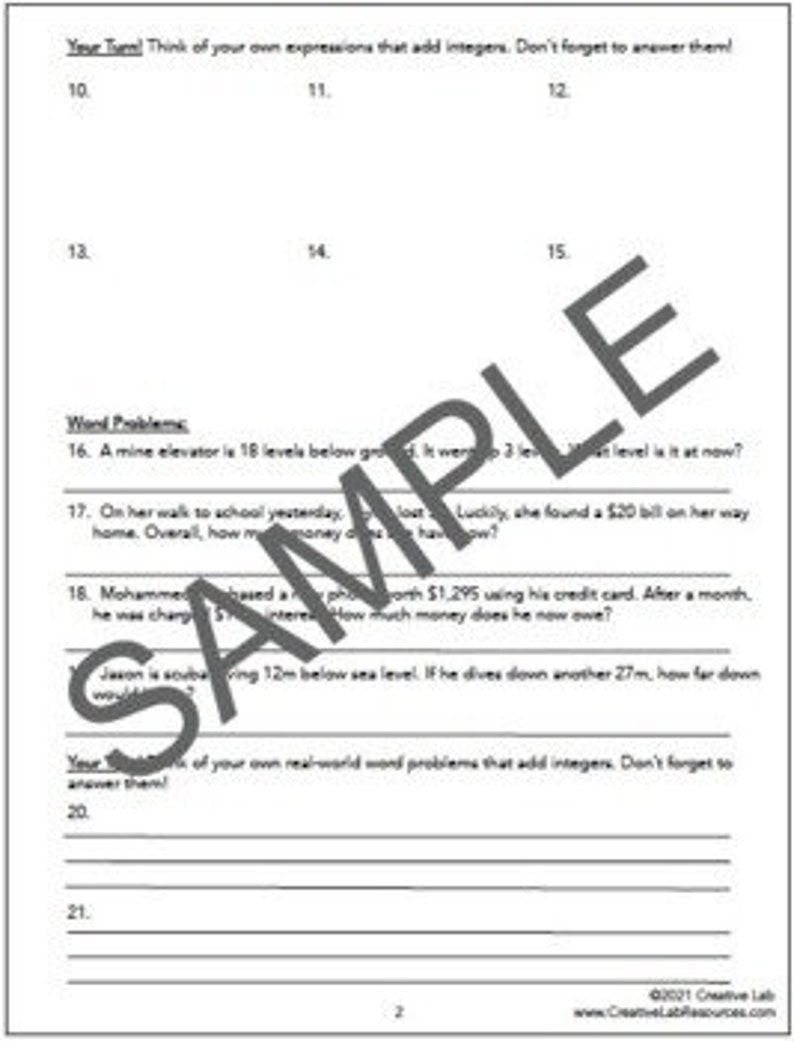 Adding Integers Lesson & Practice Questions 100% Editable // Printable ...