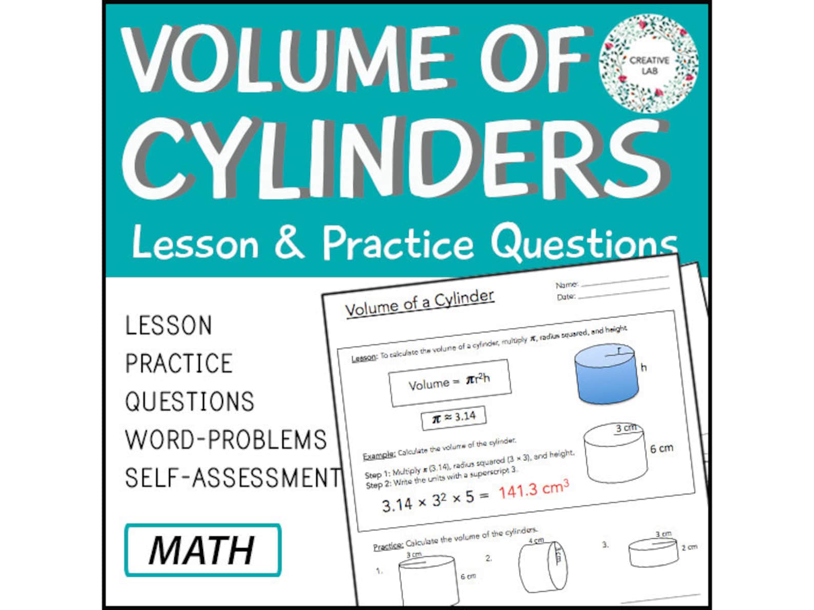 Volume of Cylinders - Lesson & Practice Questions // Printable Teaching ...
