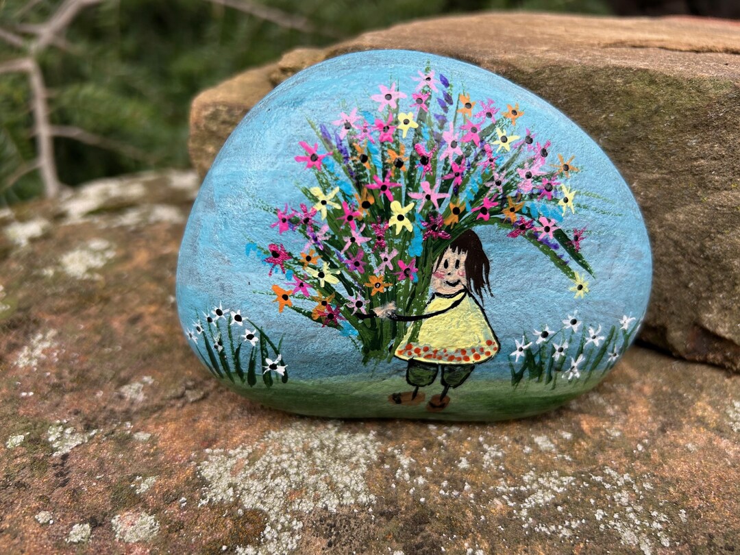 Flower Girl Painted Rock, Miniature Acrylic Painting, Art Rock, Gift ...