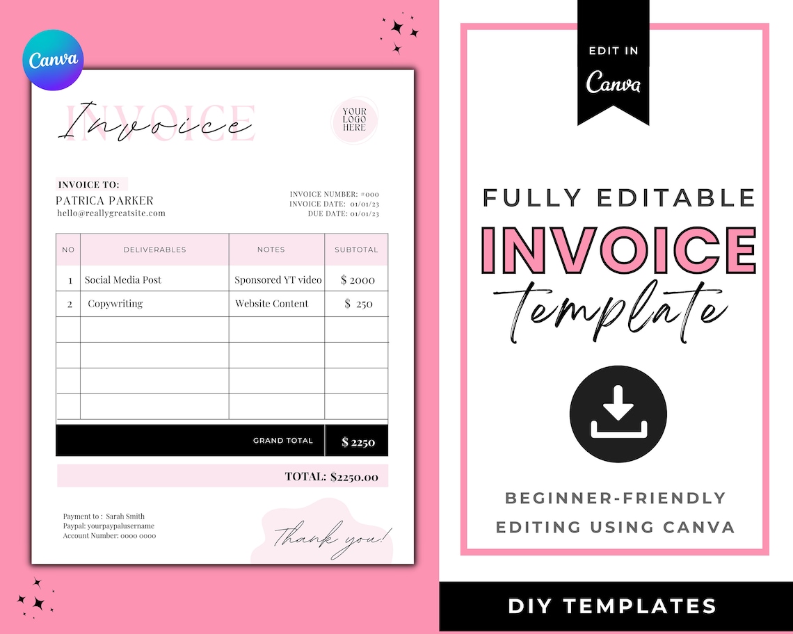Printable Invoice Template Editable Canva Invoice Design Business - Etsy