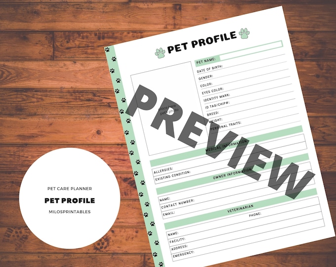 Printable Pet Profile, Pet Bio Print, Dog Biography, Cat Information ...