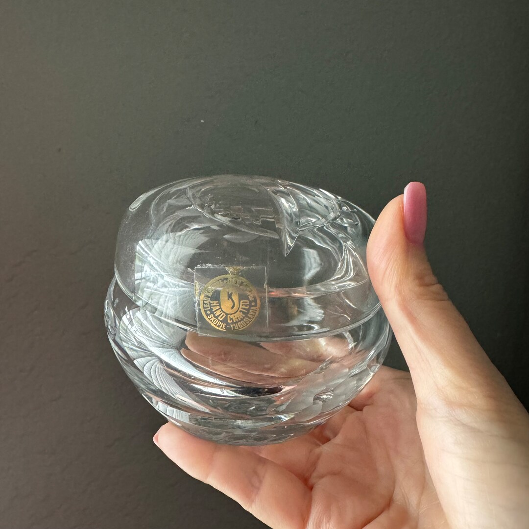 Vintage Yugoslavia Crystal Powder Jar With Handcrafted Floral Designs ...