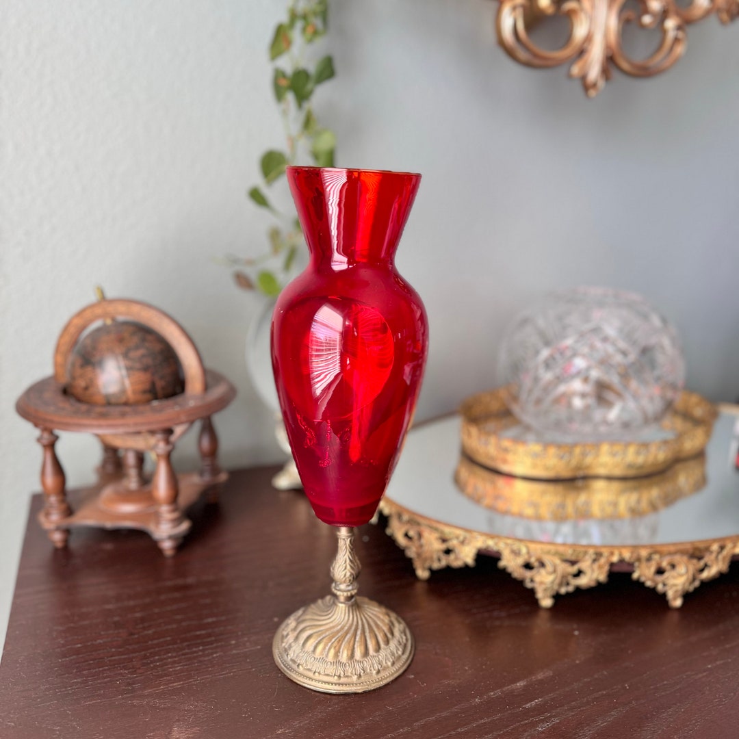Vintage Red Glass Vase on Brass Pedestal / Footed Vase - Etsy