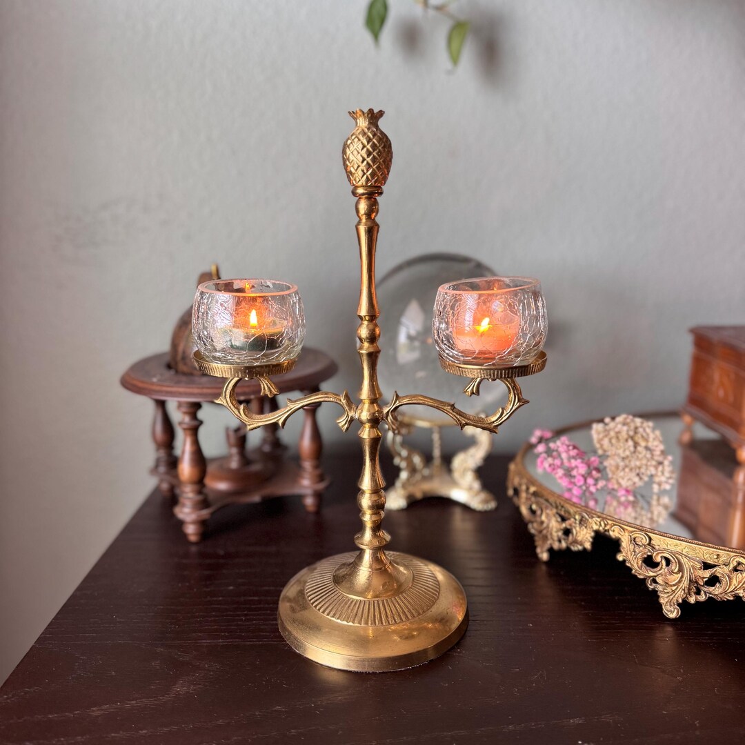 Vintage Brass Votive Holder Candelabra With Thistle Finial and Crackle ...