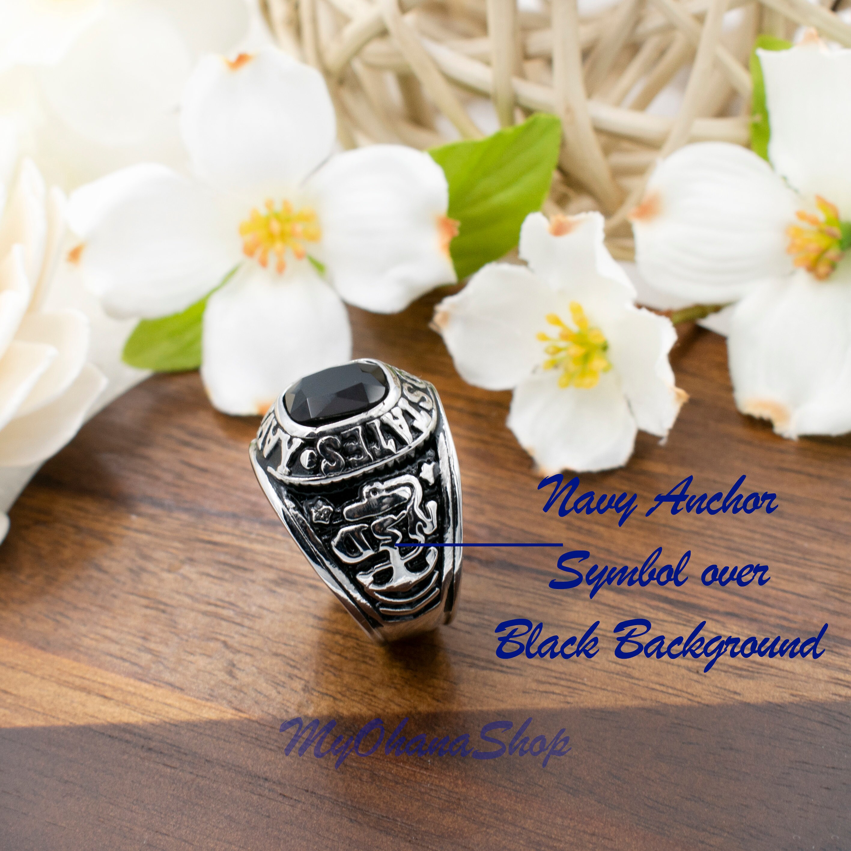 Stainless Steel US Navy Ring for Men. Black Onyx US Military Navy Seal ...