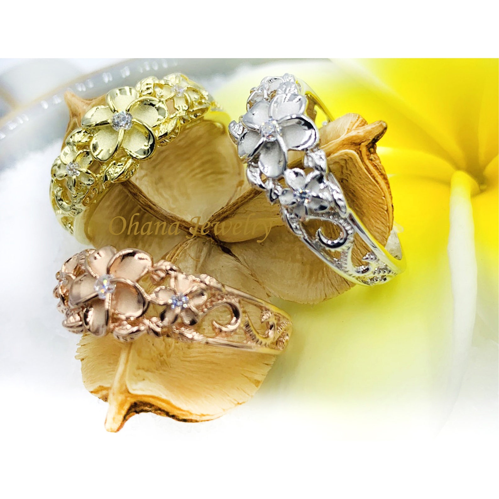 Sterling Silver Hawaiian Plumeria Ring. 14K Gold, Rose Gold Plated ...