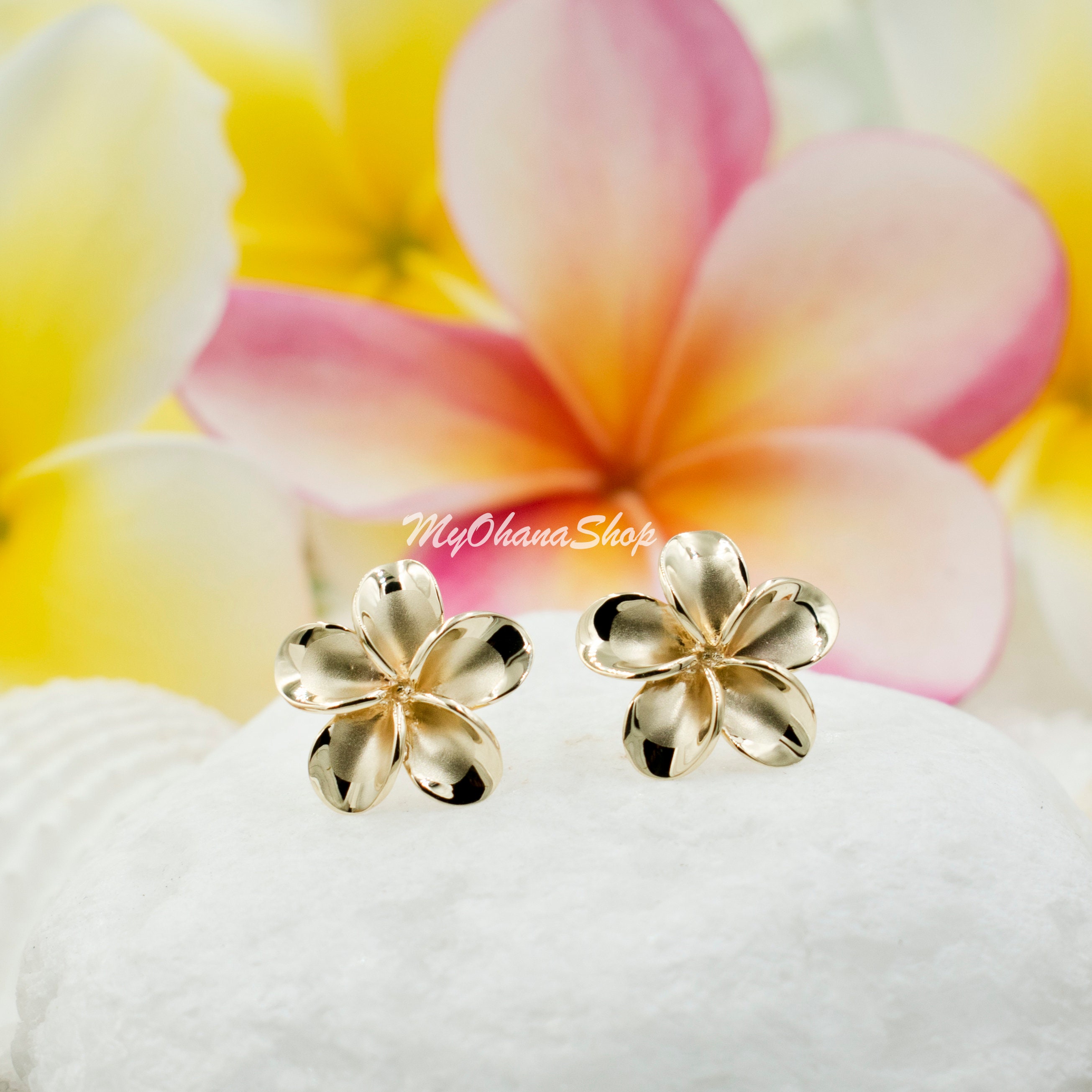 14K Gold Plumeria Stud Earrings for Women. 12 - 18mm Diameter, Real ...