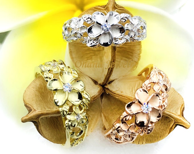 Sterling Silver Hawaiian Plumeria Ring. 14K Gold, Rose Gold Plated ...