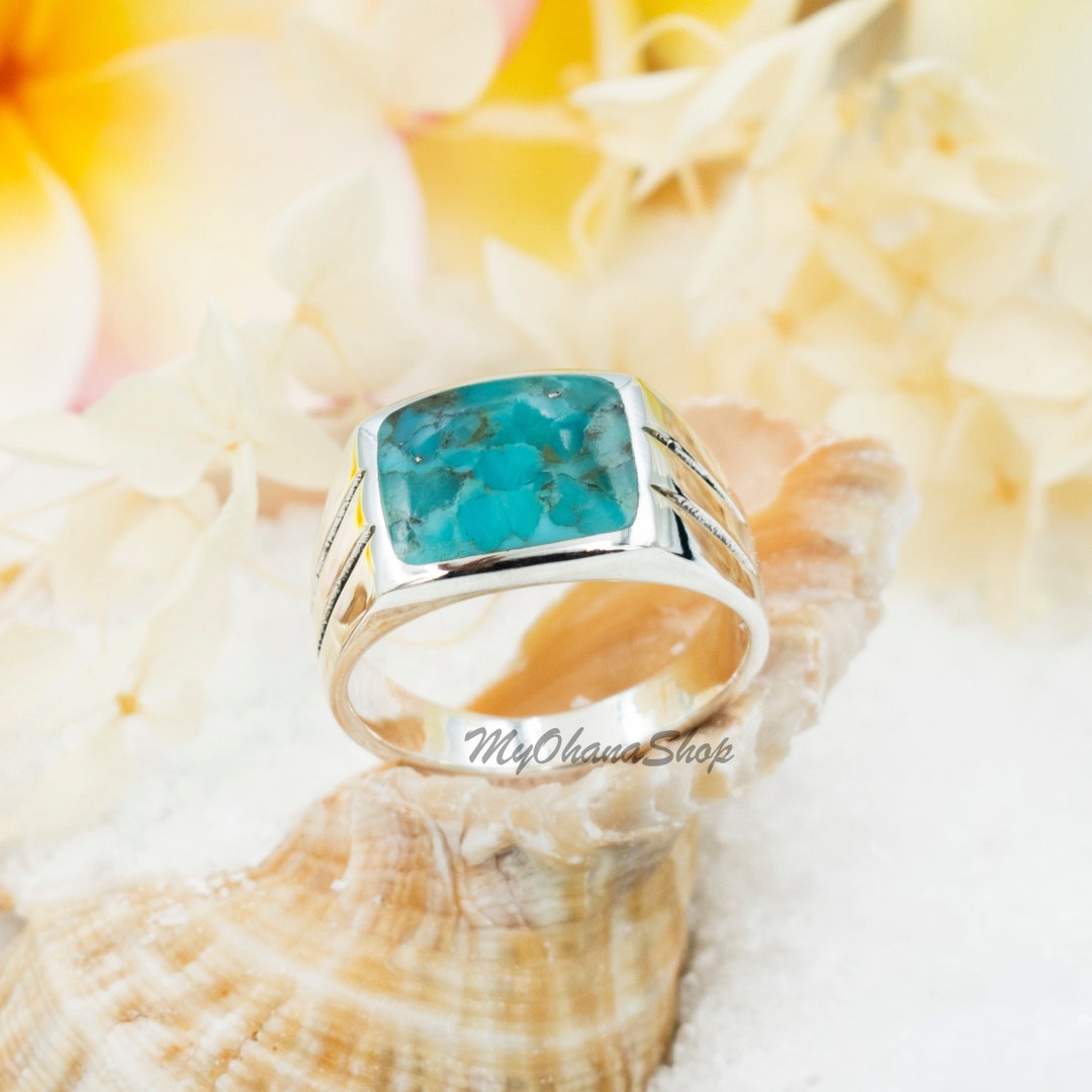 925 Sterling Silver Turquoise Signet Ring for Men & Women. 12mm Genuine Blue Green Turquoise ...