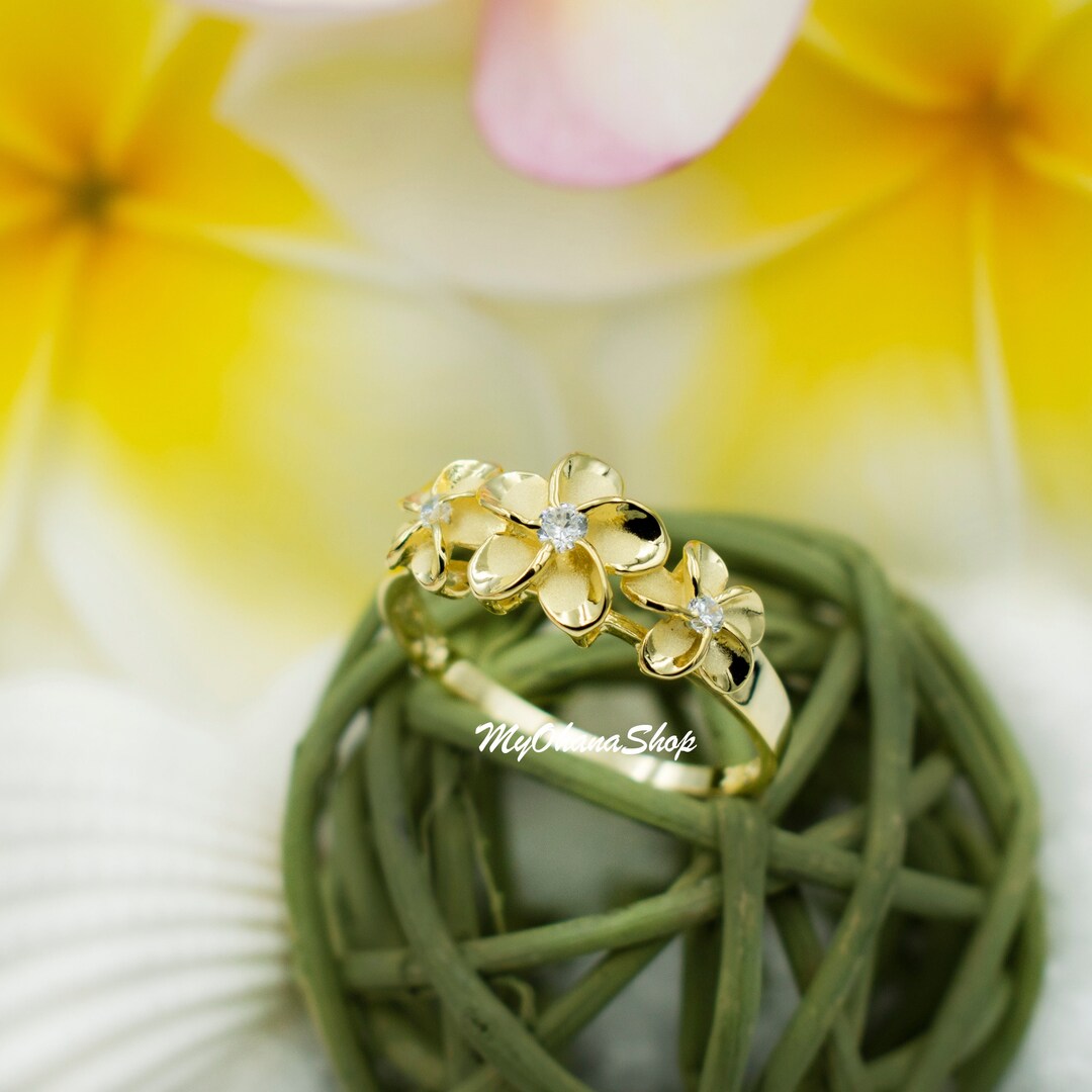 18K Gold Plated Silver Plumeria Ring for Women. Hawaiian Flower Gold ...