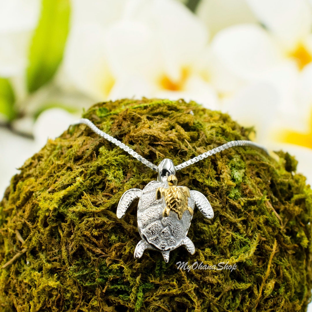925 Sterling Silver Turtle Necklace. 3D Mother Carrying Baby Hawaiian ...