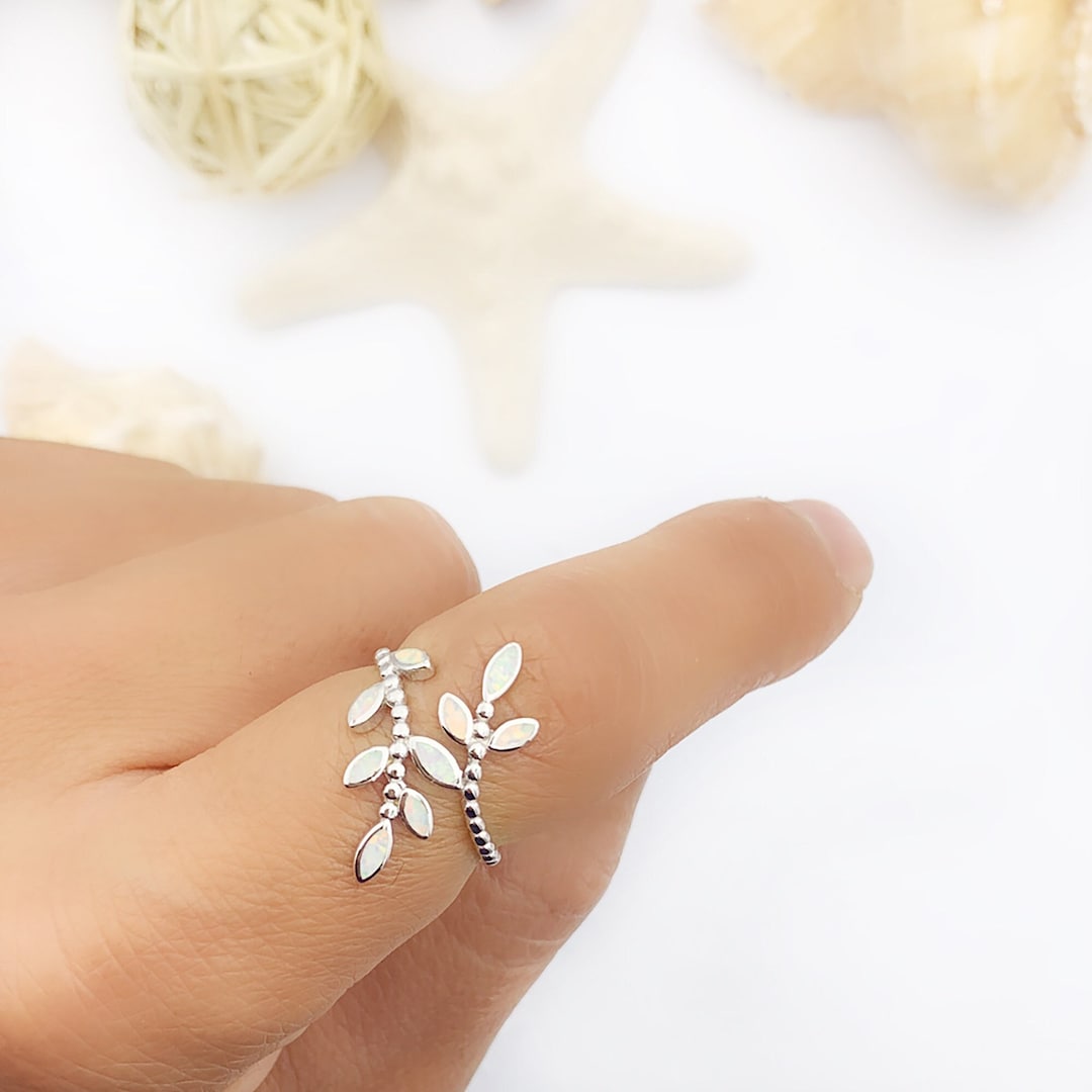 925 Sterling Silver Opal Leaf Ring for Women. 18mm Fern, Hawaiian Maile ...