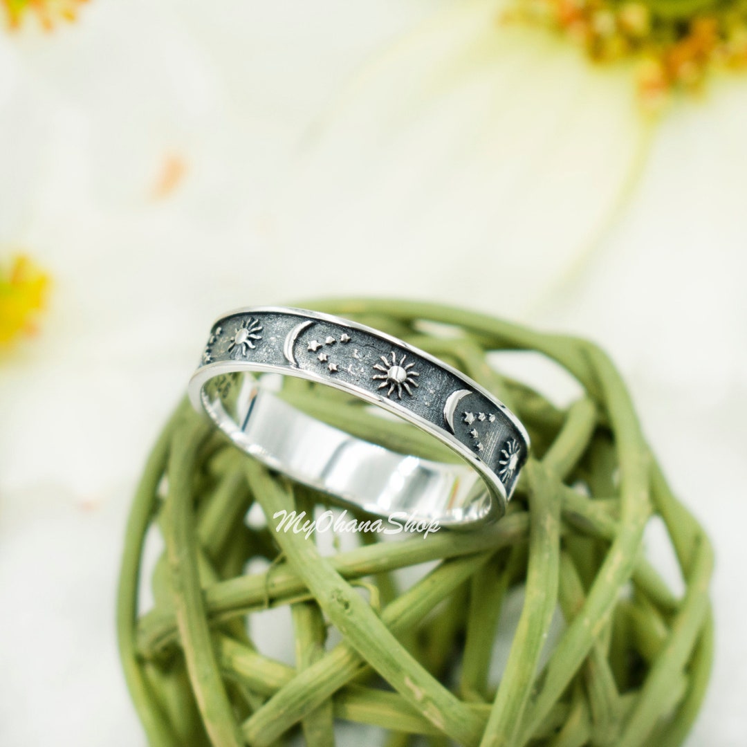 925 Sterling Silver Sun Moon Stars Ring. Unisex, 5mm Stackable Silver ...