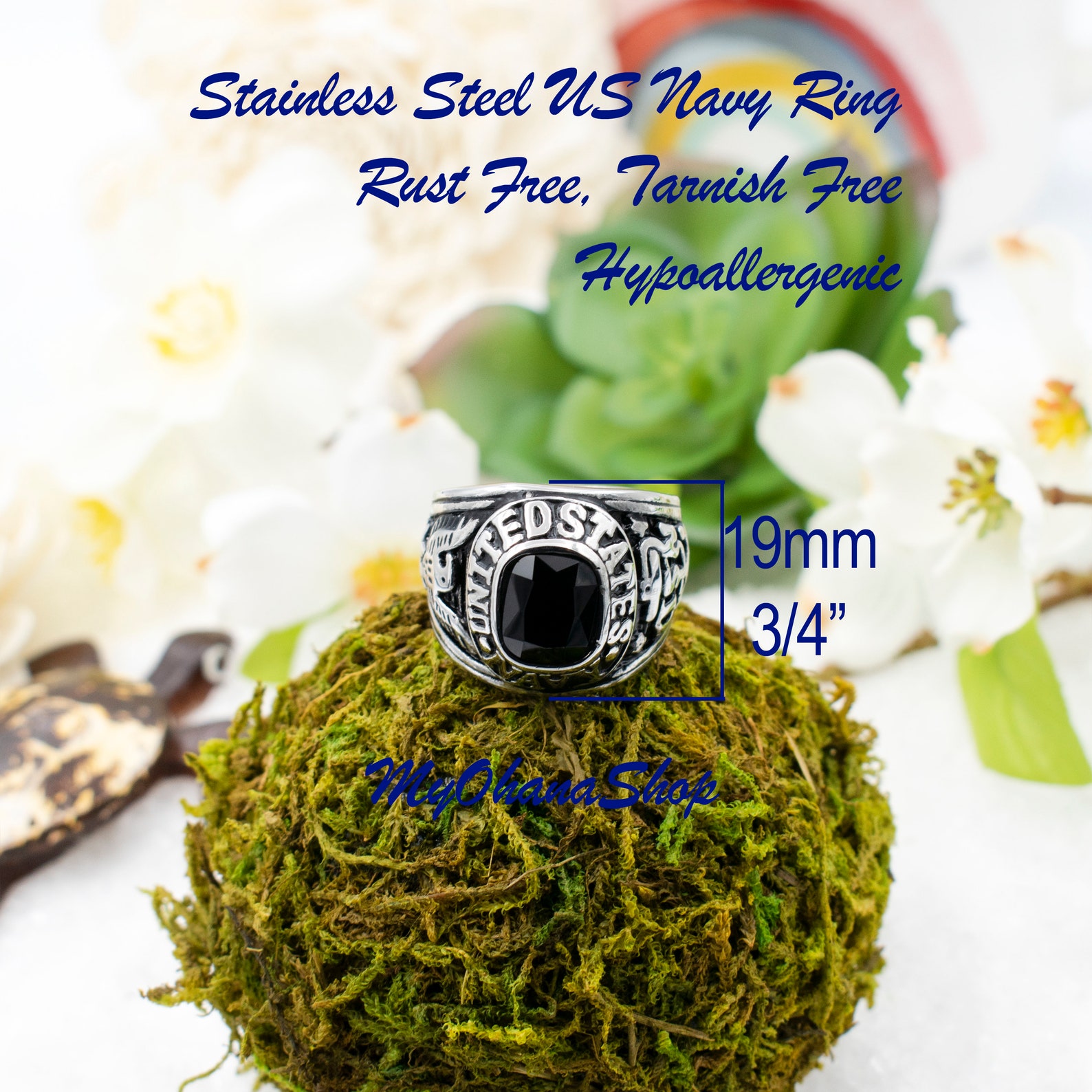 Stainless Steel US Navy Ring for Men. Black Onyx US Military Navy Seal ...