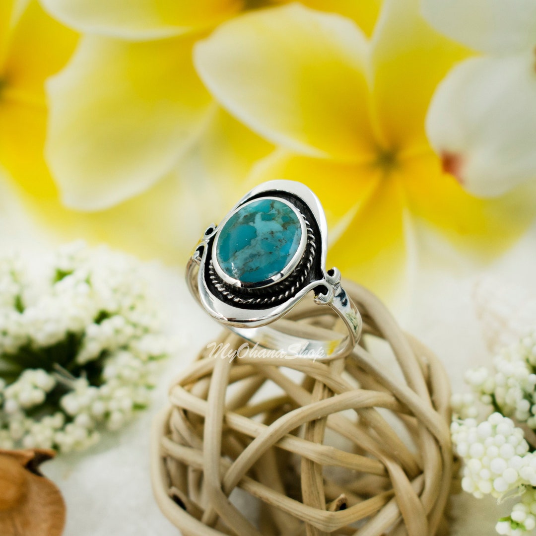 925 Sterling Silver Blue Green Turquoise Ring for Women & Men. Natural ...