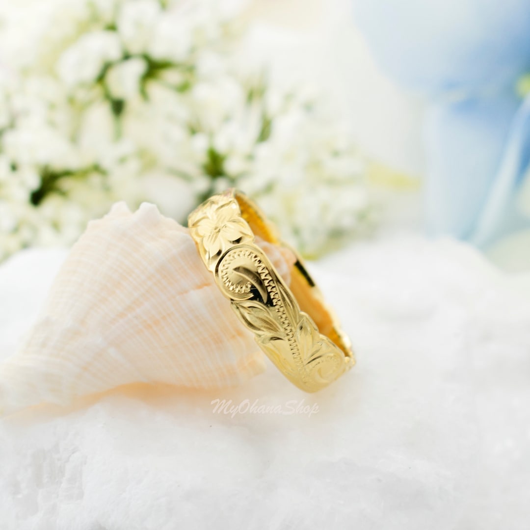 14K Gold Plated Silver Hawaiian Ring. 6mm Hand Carved, Hawaii Heirloom ...