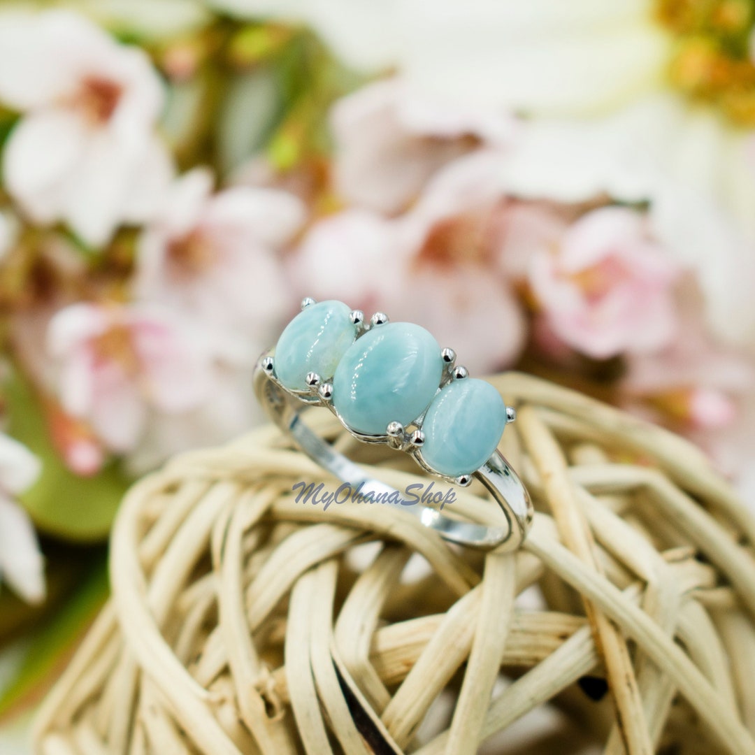 925 Sterling Silver Oval Larimar Ring for Women. Genuine Blue Larimar ...