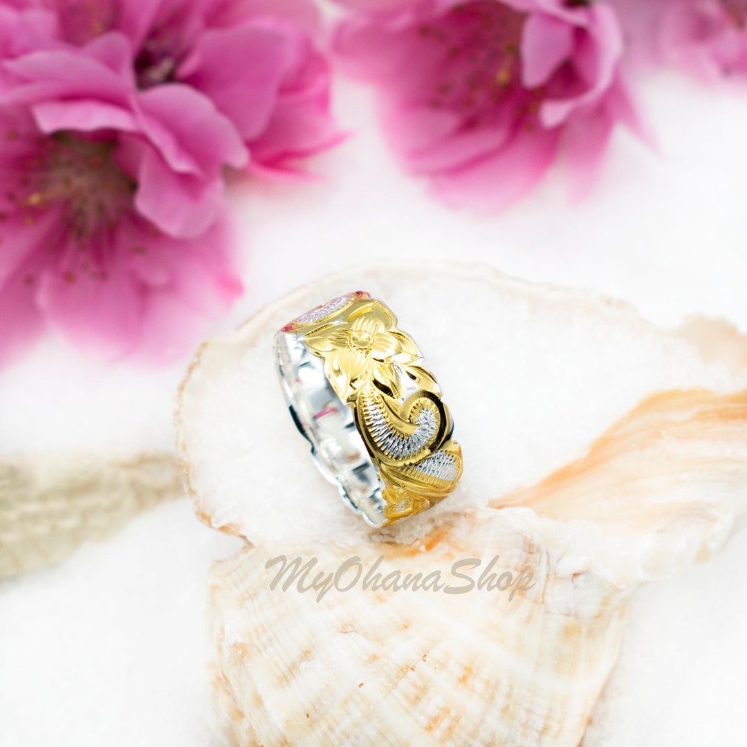 Sterling Silver 8mm Hawaiian Ring Hand Carved, Engraved, Gold Plated ...
