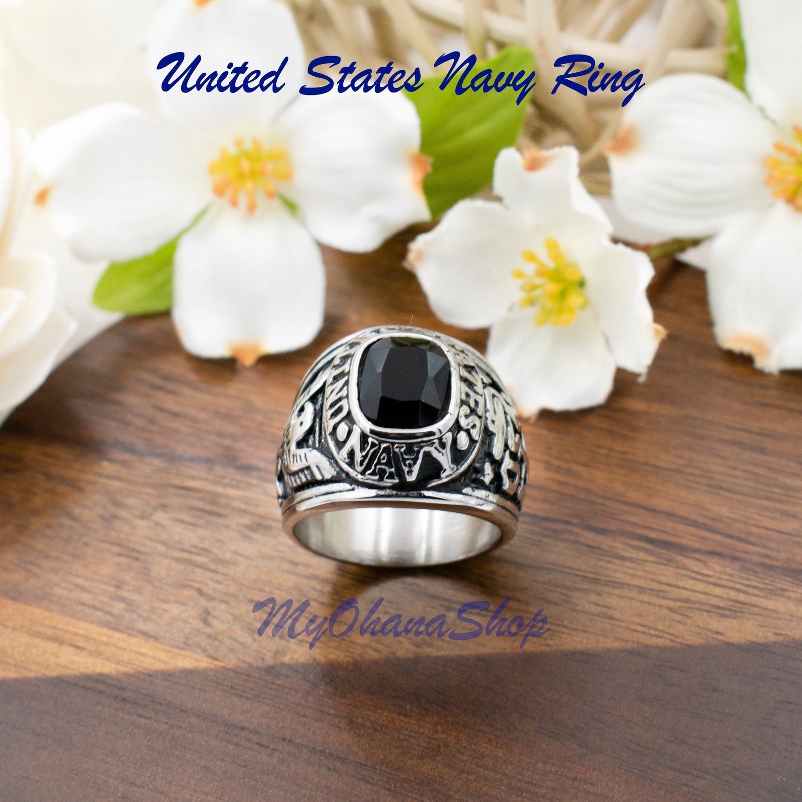 Stainless Steel US Navy Ring for Men. Black Onyx US Military Navy Seal ...