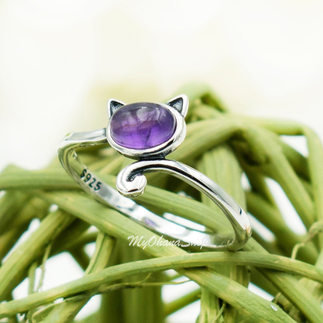 925 Sterling Silver Real Gemstone Cat Ring for Women and Children ...