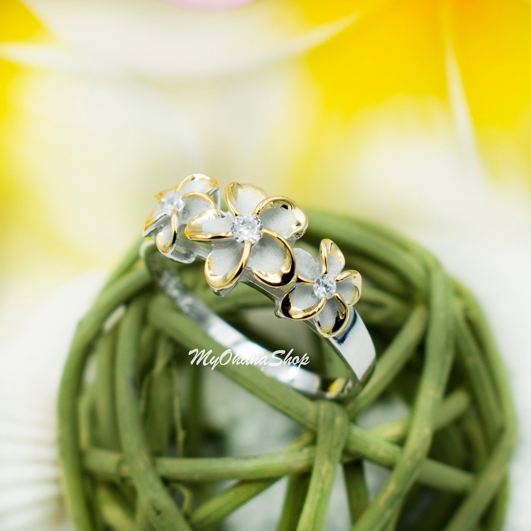 925 Sterling Silver Plumeria Ring for Women. Hawaiian Flower Gold ...