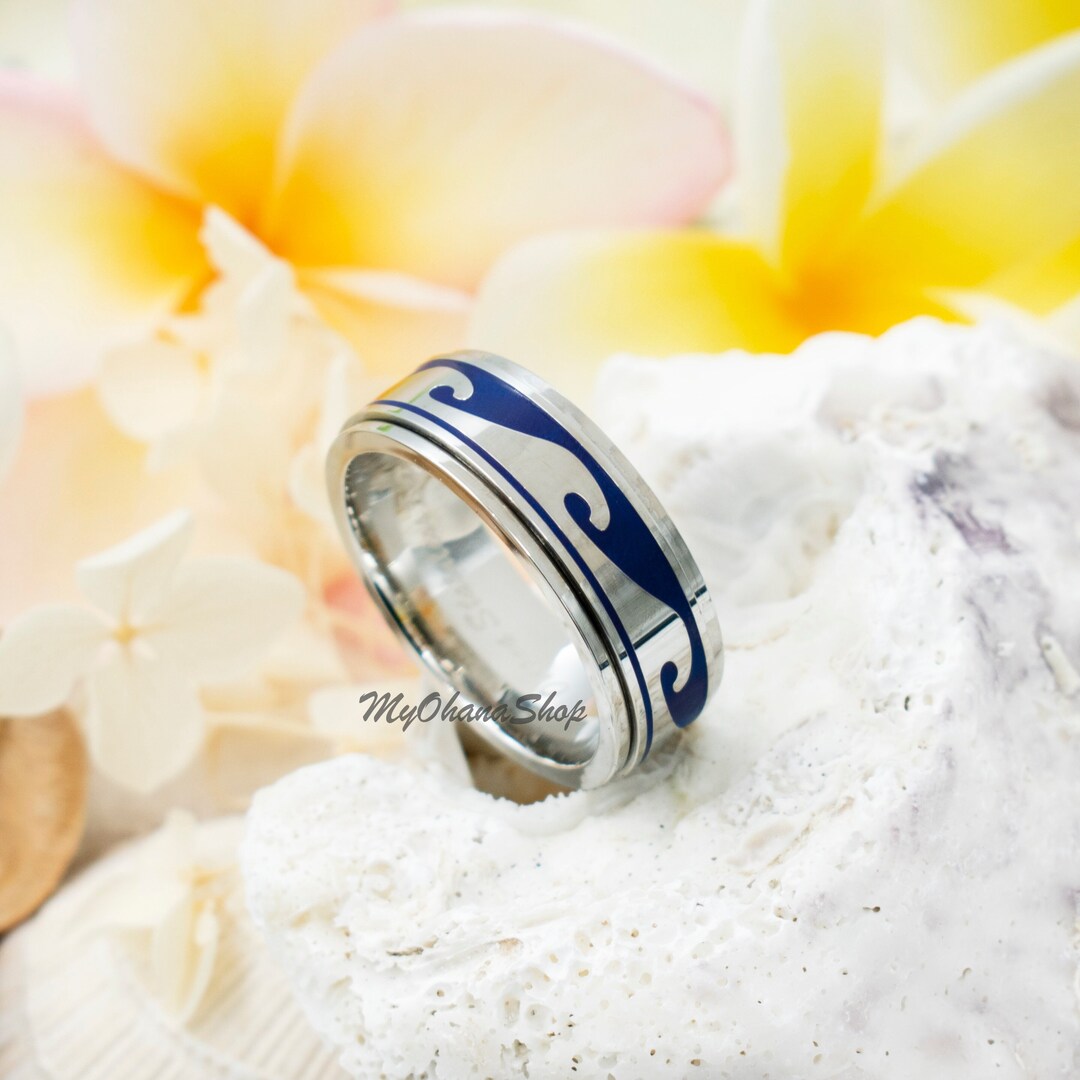 Stainless Steel Blue Wave Spinner Ring for Men, Women. Hand Painted ...