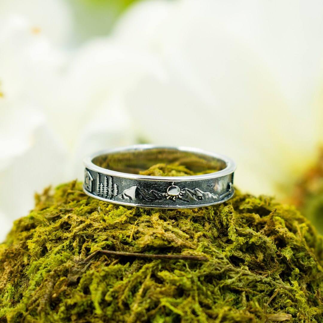 925 Sterling Silver Sun Mountains Trees Ring. 5mm Scenery Band, Unisex ...