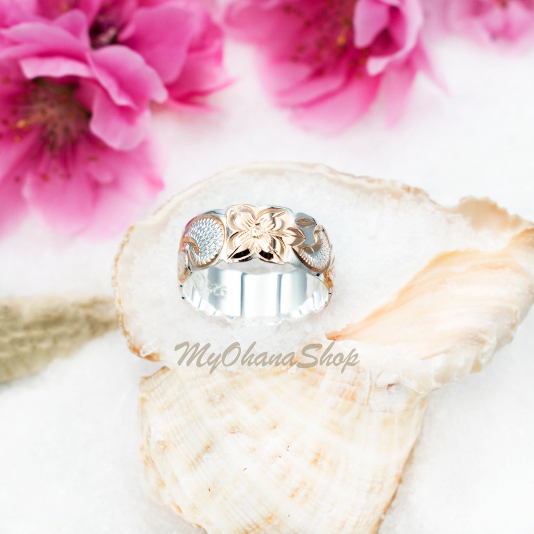Sterling Silver 8mm Hawaiian Ring Hand Carved, Engraved, Gold Plated. Classic Hawaiian Scrolled ...