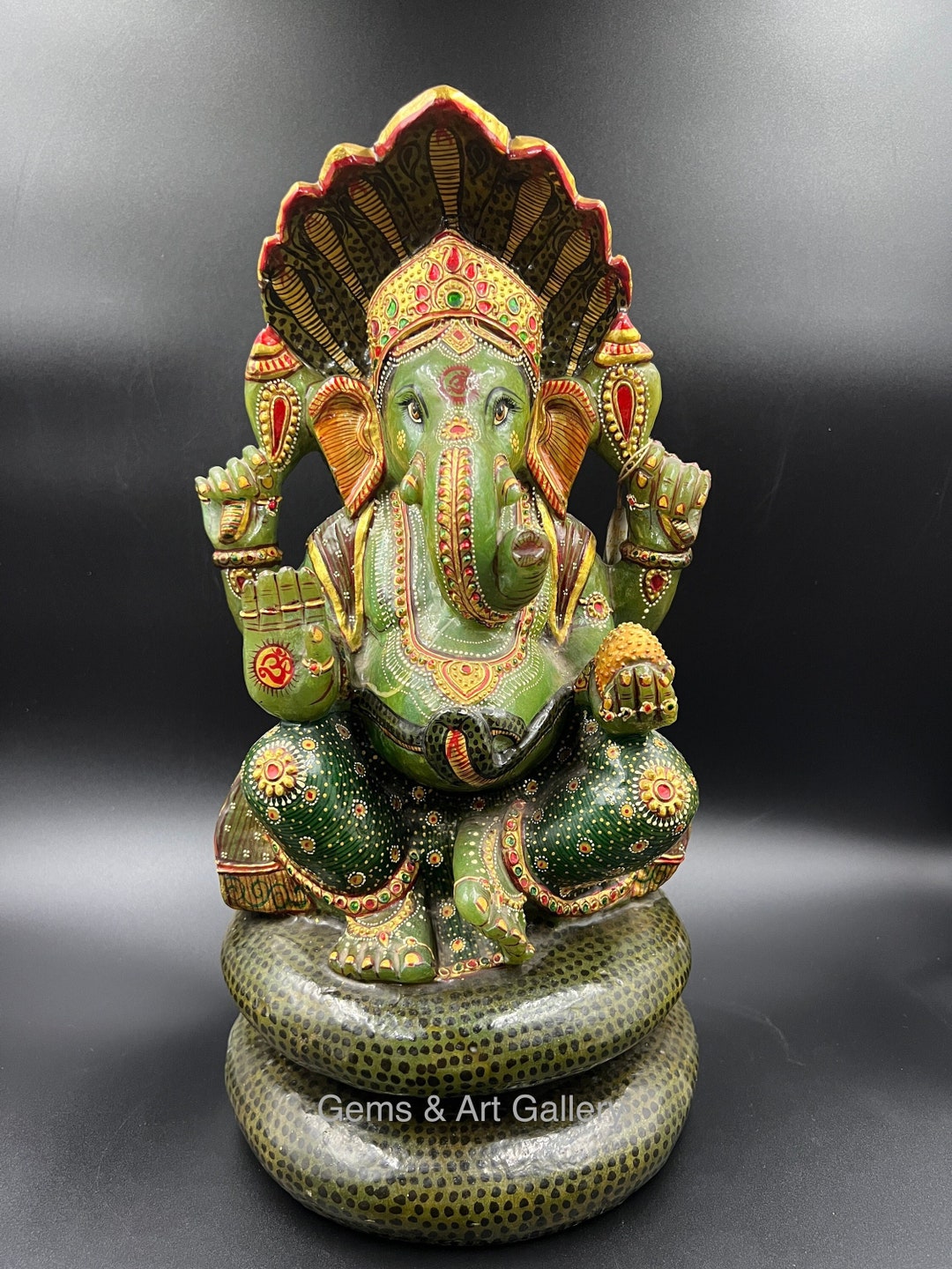 Green Jade Lord Ganesha Sitting on Snake / Religious Home Decor ...