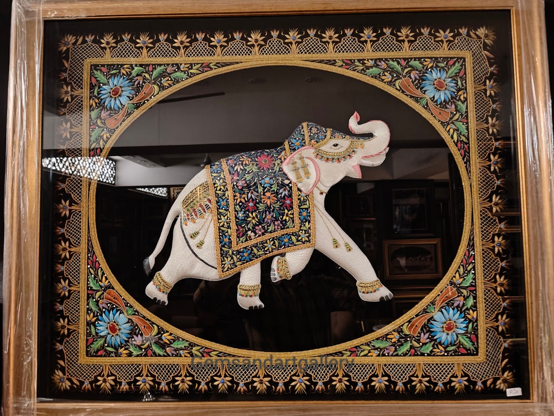 Framed Grey Elephant Silk Art Wall Hanging With Gemstones | Hand ...