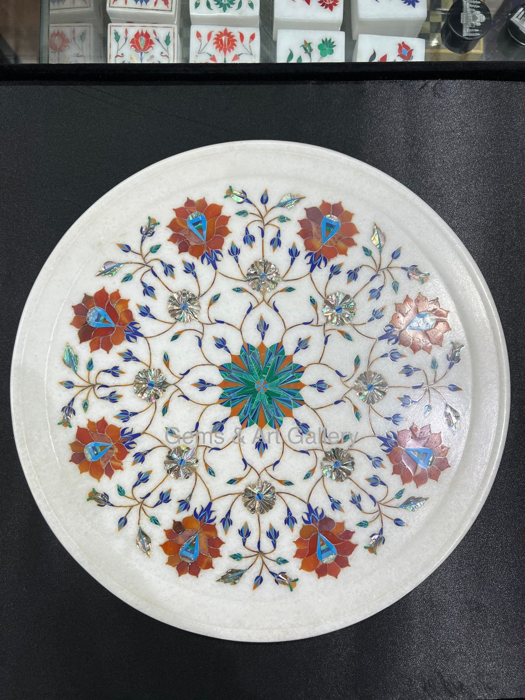 Round Makrana Marble Plate Studded With Real Gemstone | Marble Pietre ...