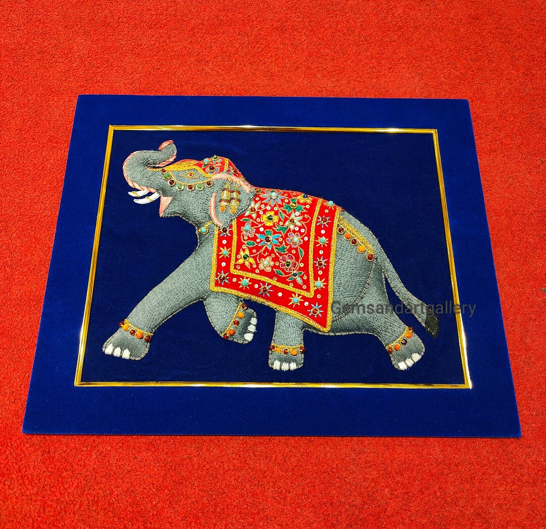 Grey Elephant Silk Art Wall Hanging With Gemstones on Cardboard Frame ...