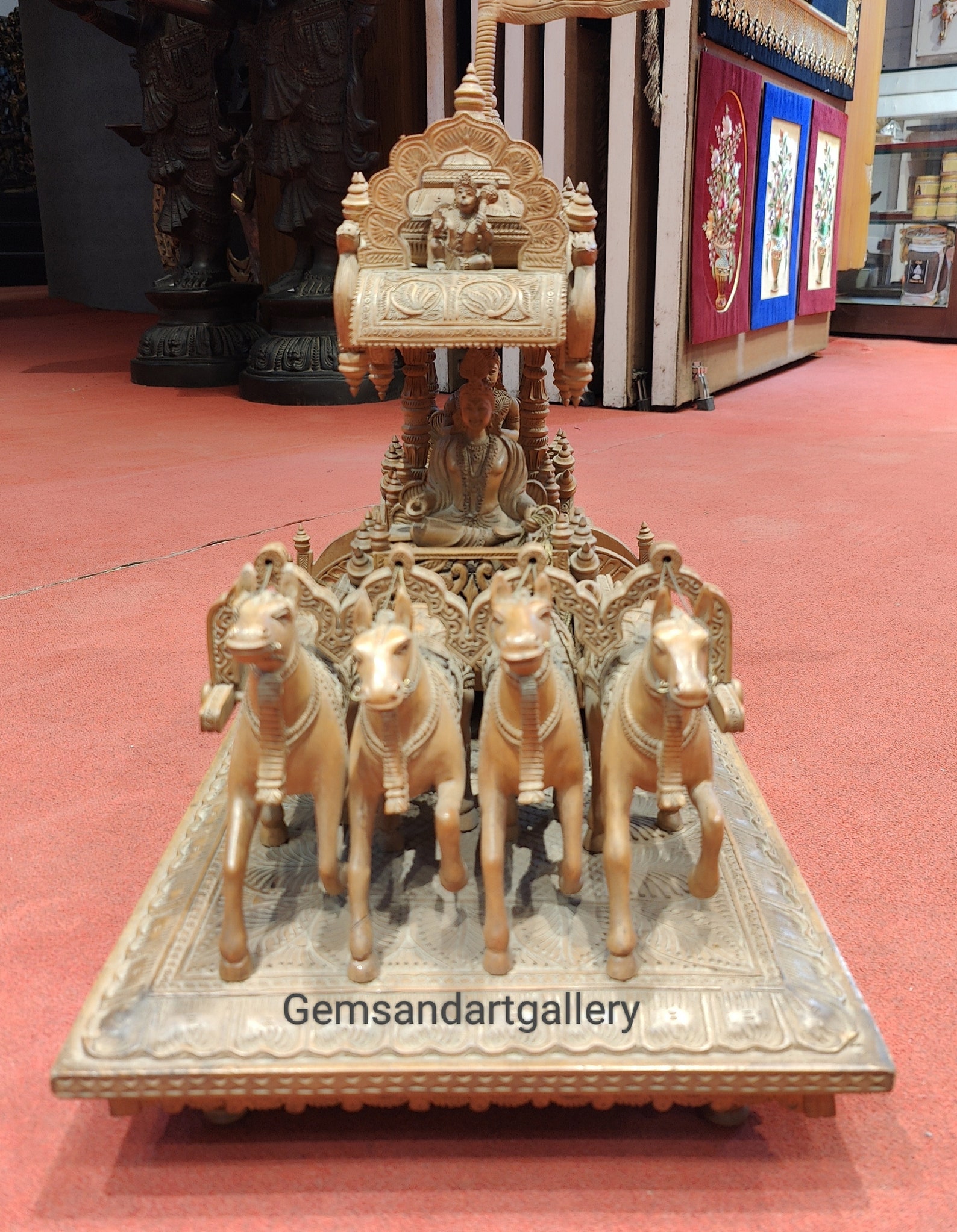 Mahabharat Chariot Made of Plain Teak Wood (depicts an Iconic Scene ...