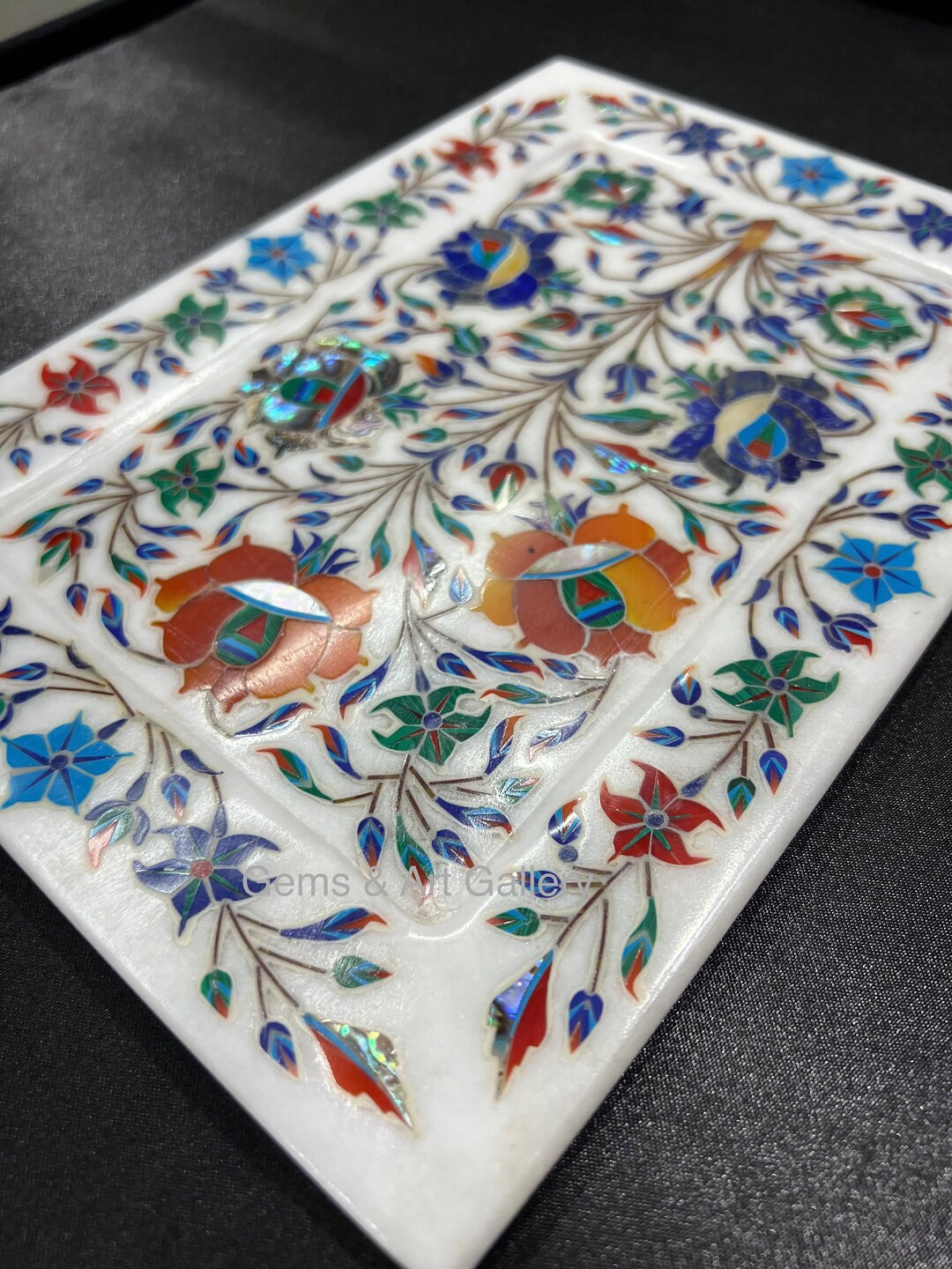 Makrana Marble Tray Studded With Real Gemstone | Marble Pietre Dura ...