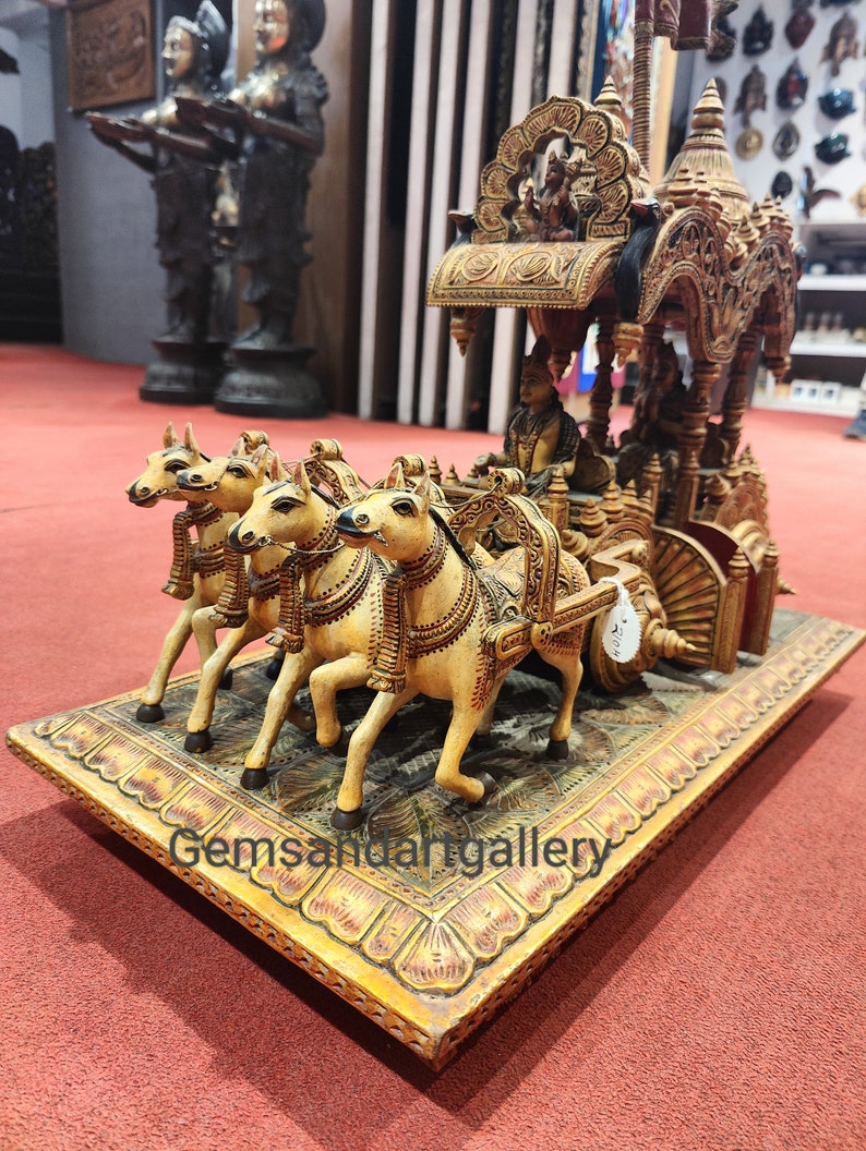 Mahabharat Chariot Made of Coloured Teak Wood (depicts an Iconic Scene ...