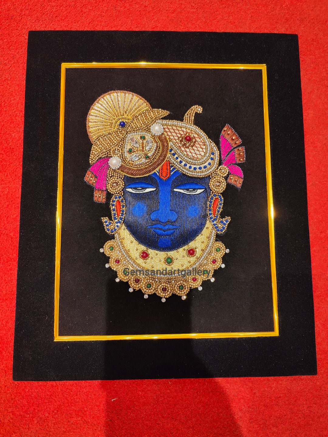 Lord Krishna Face Silk Art Wall Hanging on Cardboard Frame - Hand ...