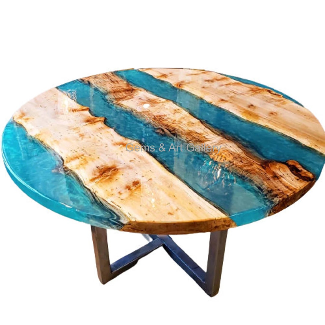 Aqua Cascade Round Epoxy Table Top With Legs | Live Edge Table | Resin ...