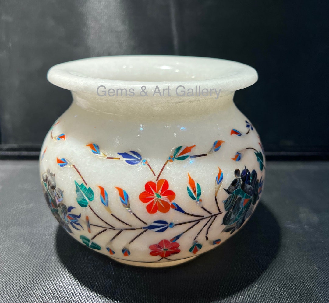 Marble Pot (matki) Studded With Real Gemstone | Inlay Artwork ...