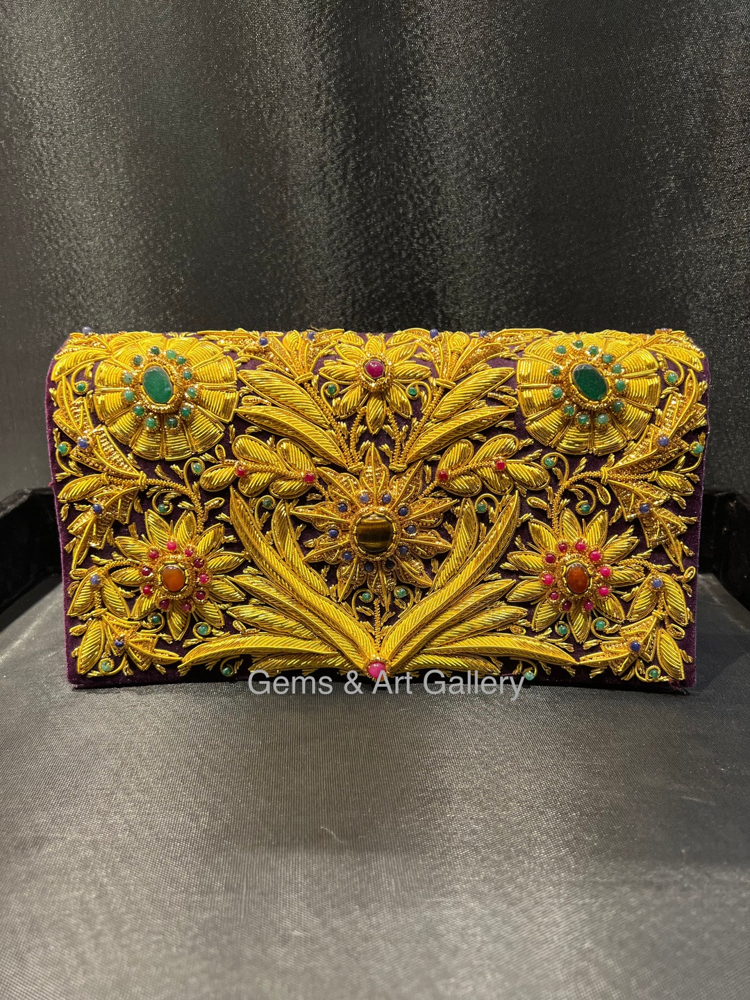 Luxury Zardozi Velvet Clutch With Semi-precious Stones | Hand ...