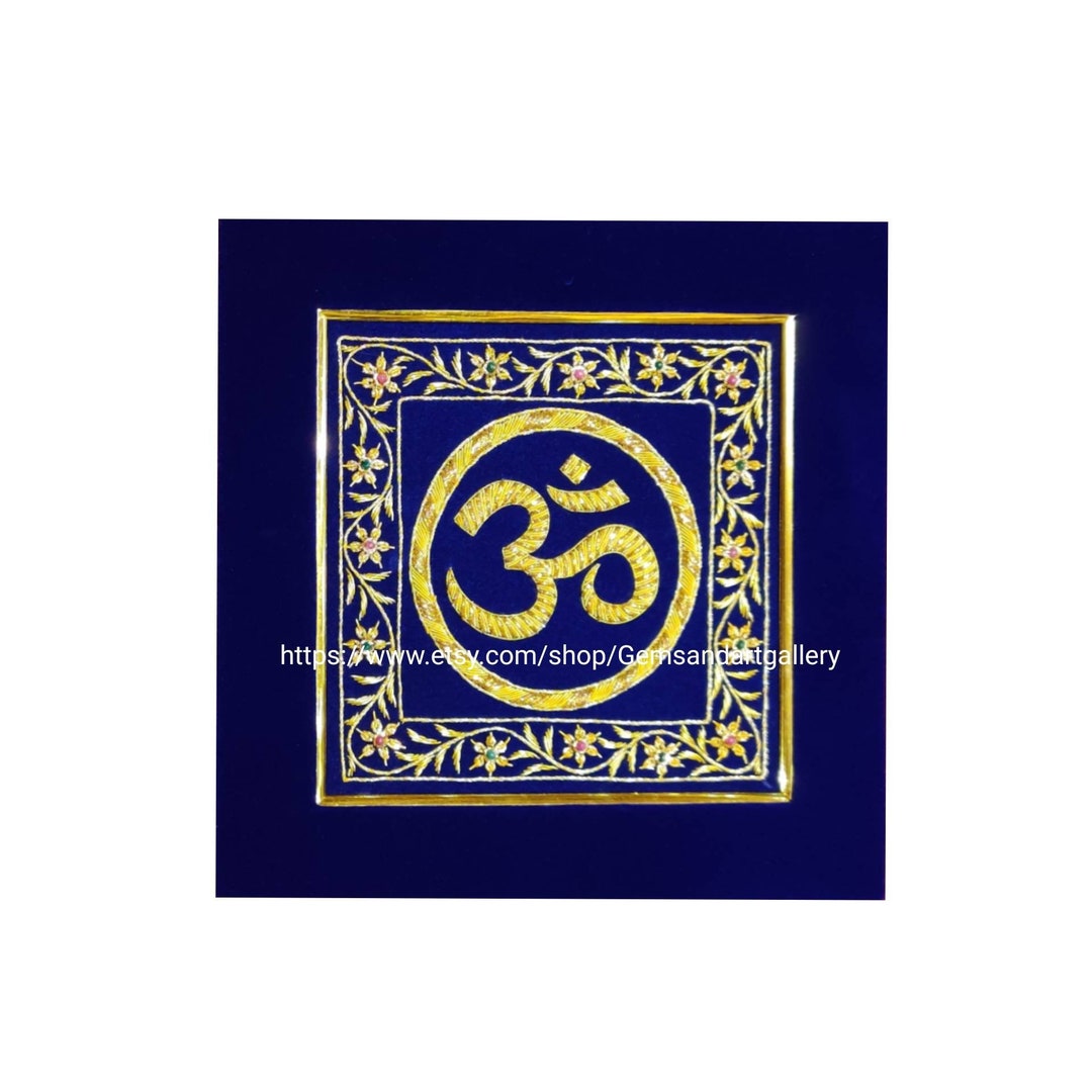 Embroidery Zardozi Om Symbol on Cadrboard Frame | Handmade on Blue ...