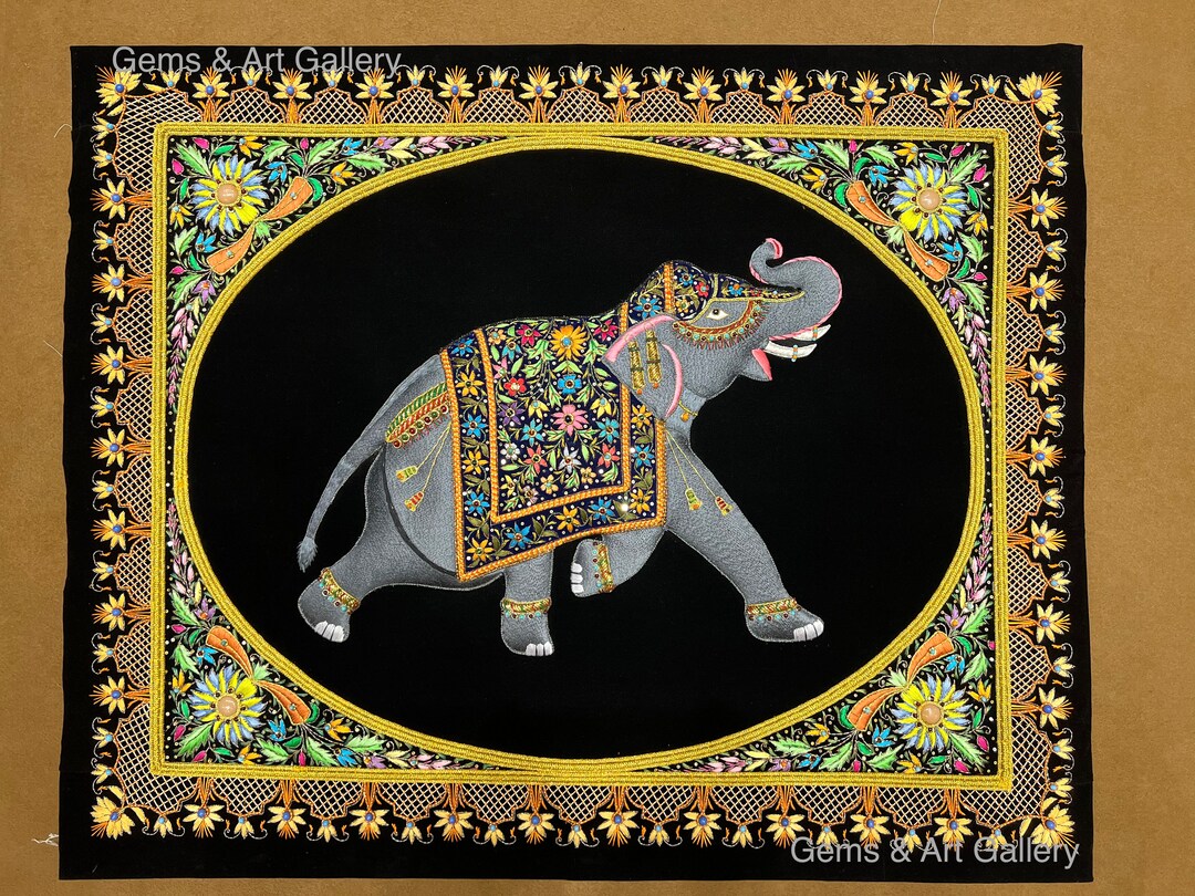 Grey Elephant Silk Art Wall Hanging With Gemstones / Hand Embroided ...