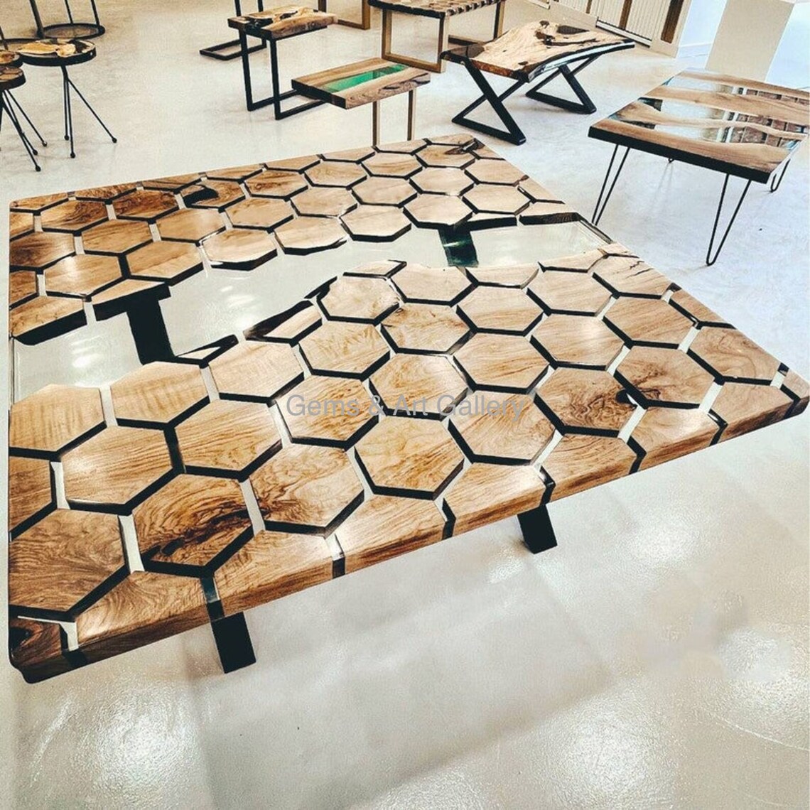 Clear Resin Honeycomb Epoxy Table Top With Acacia Wood, Table, Live ...