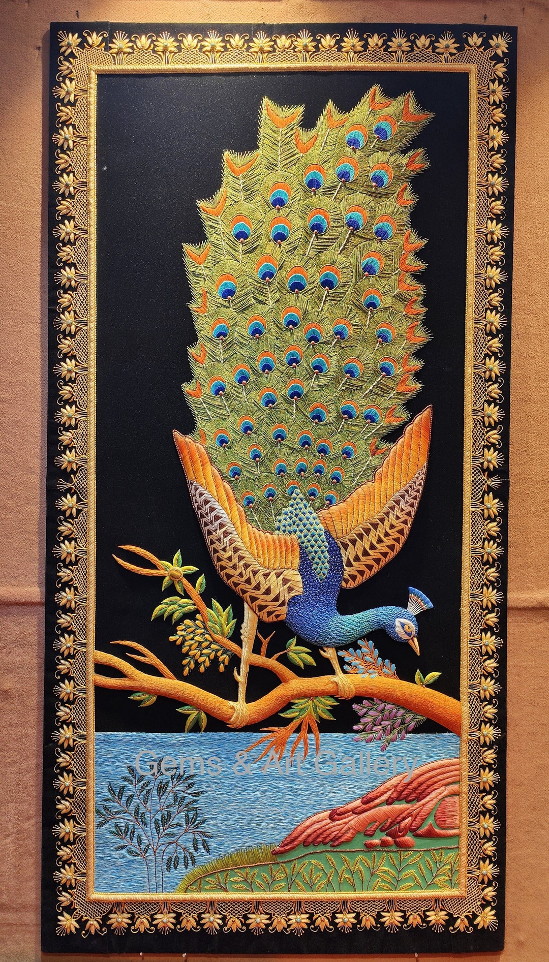 Silk Peacock Jewel Art Wall Hanging - Hand Embroidered - Peacock on ...