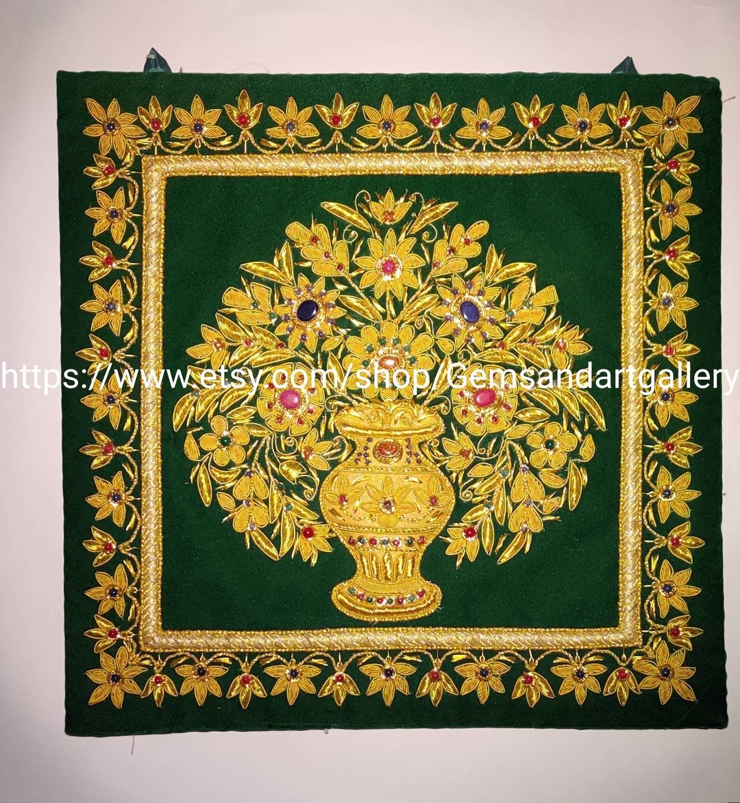 Golden Tree of Life Zardozi Jewel Art Wall Hanging | Tapestry Frame ...