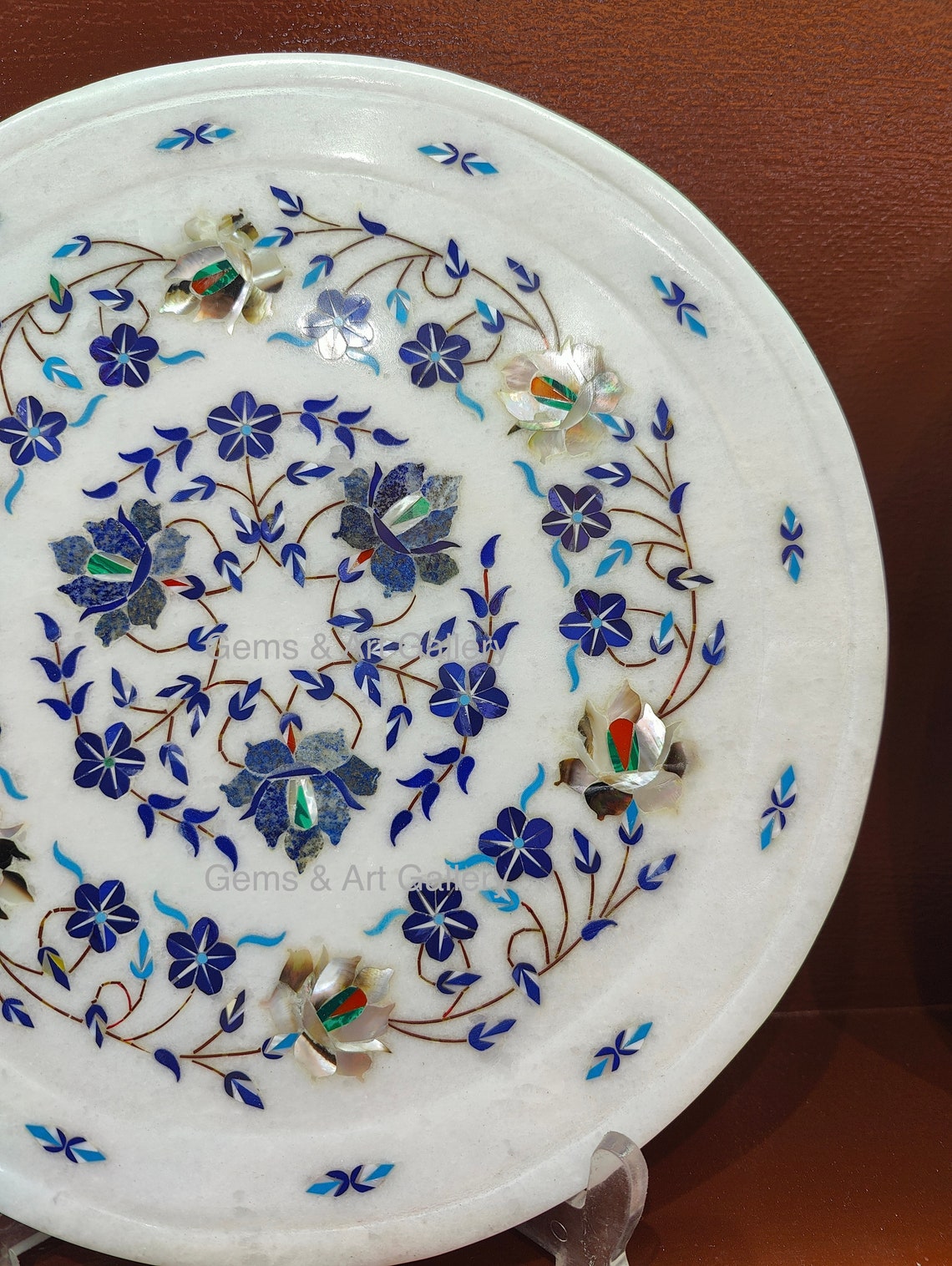 Round Makrana Marble Plate Studded With Real Gemstone | Inlay Work With ...