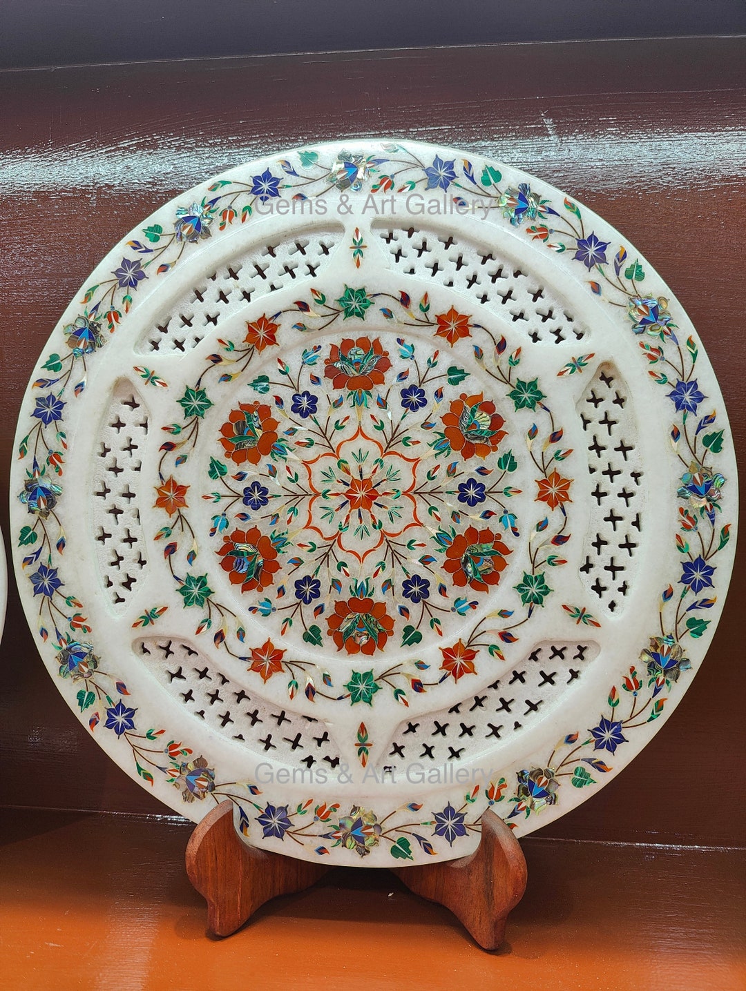 Handcarved Round Makrana Marble Plate Studded With Real Gemstones ...