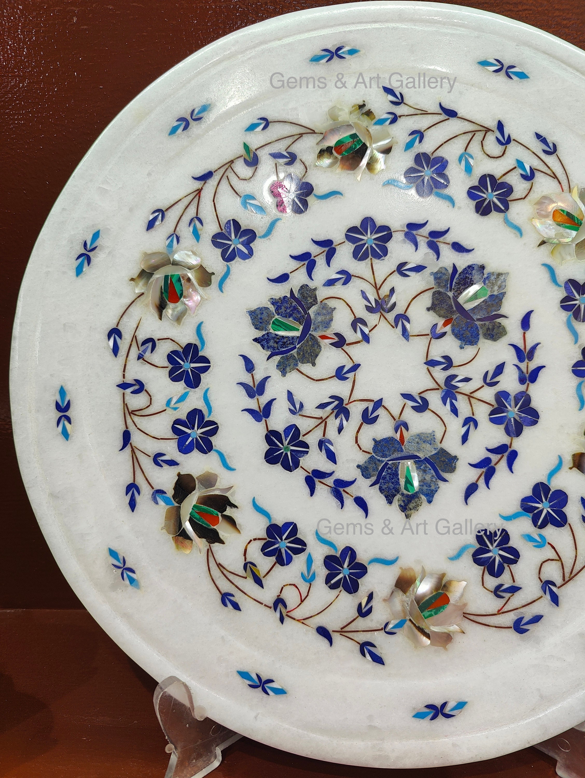 Round Makrana Marble Plate Studded With Real Gemstone | Inlay Work With ...