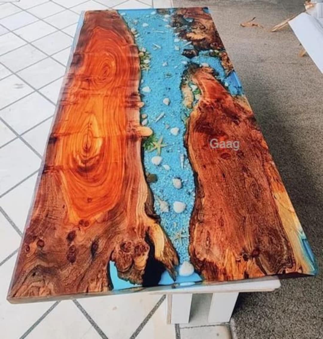 Wavy Blue Crystal Epoxy Table Top With Acacia Wood | Dining Table Top ...