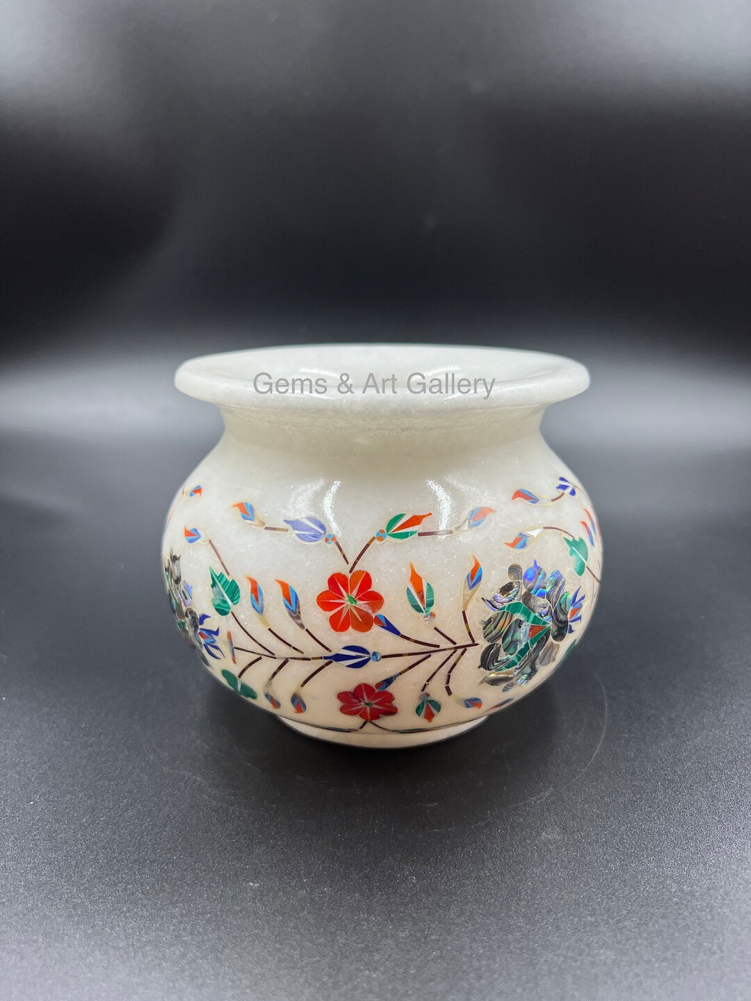 Marble Flower Vase Studded With Real Gemstone /matki / Marble Pietre ...