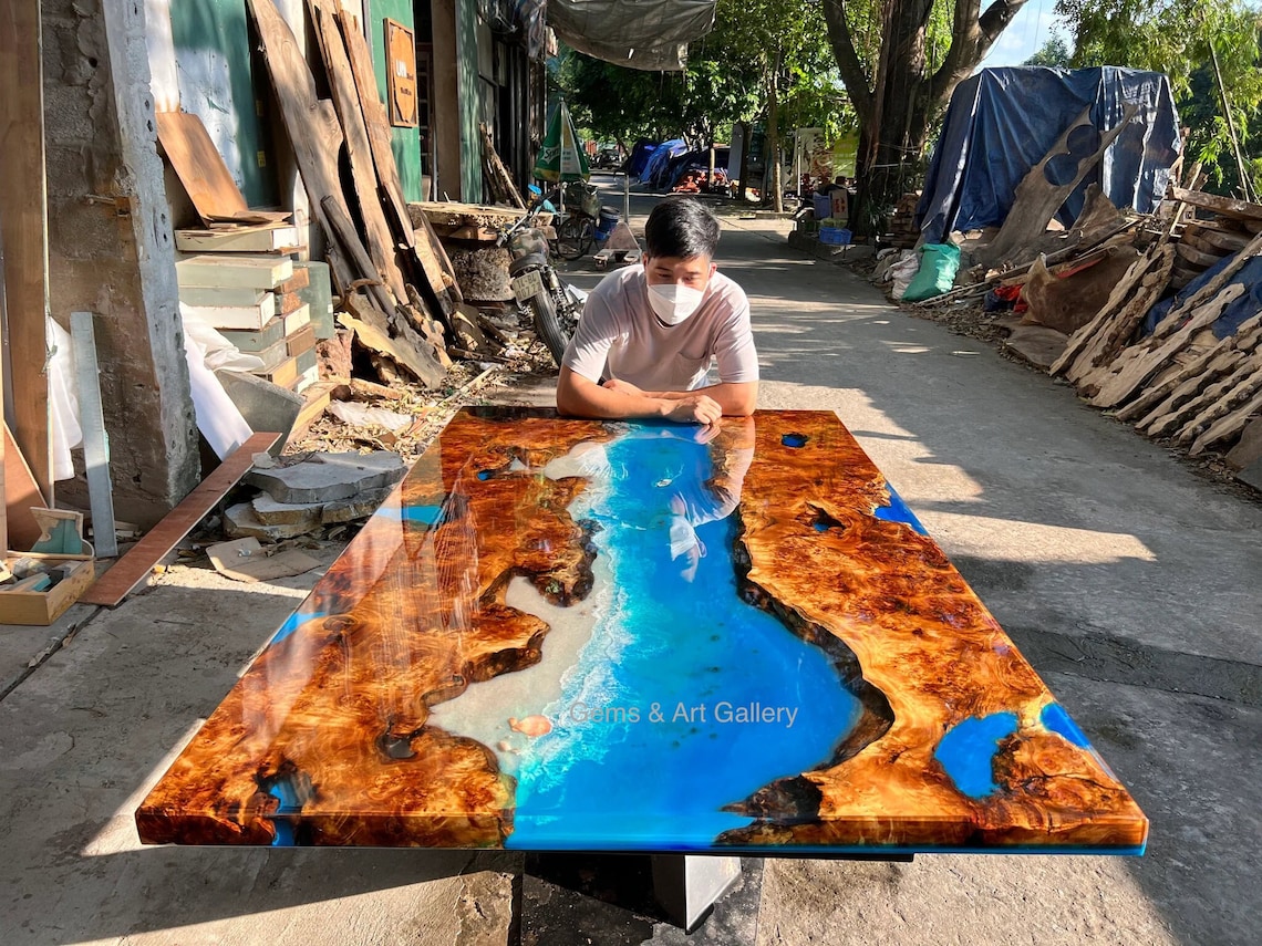 Ocean Blue Epoxy Table Top With Acacia Wood | Dining Table Top | Live ...